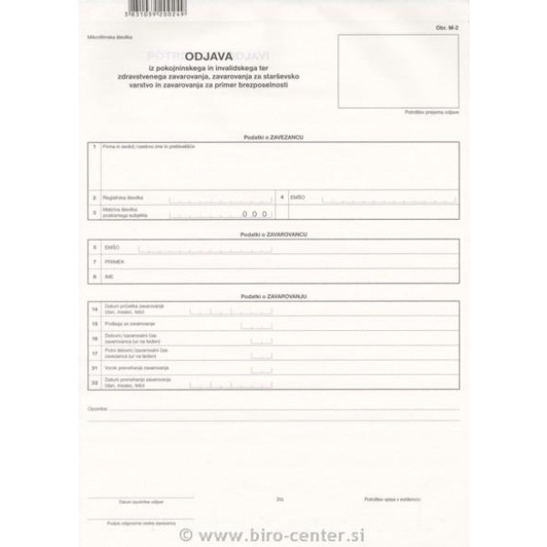 OBRAZEC M2 ODJAVA IZ POKOJNINSKEGA IN INVALIDSKEGA ZAVAROVANJA 8.248 ...