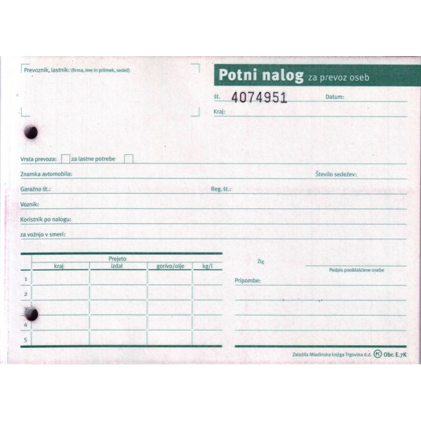 OBRAZEC POTNI NALOG ZA PREVOZ OSEB A5 E.7K REDOLJUB spletna prodaja ...