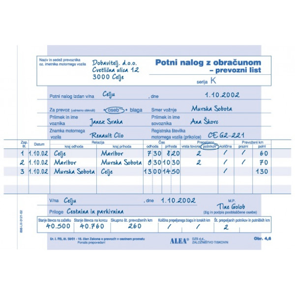 POTNI NALOG ZA PREVOZ OSEB A5 OBRAZEC 4.7 REDOLJUB spletna prodaja ...